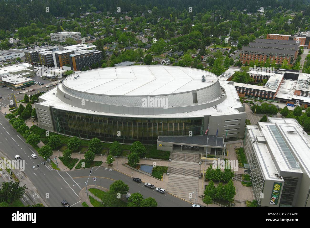 A general overall aerial view of Matthew Knight Arena on the campus of ...