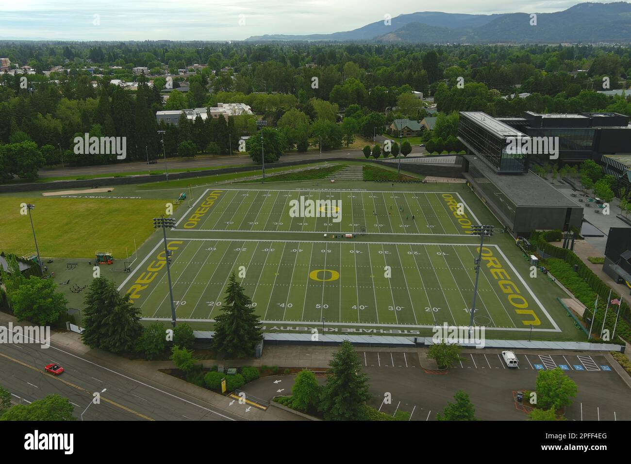 A general overall aerial view of the football practice fields at the ...