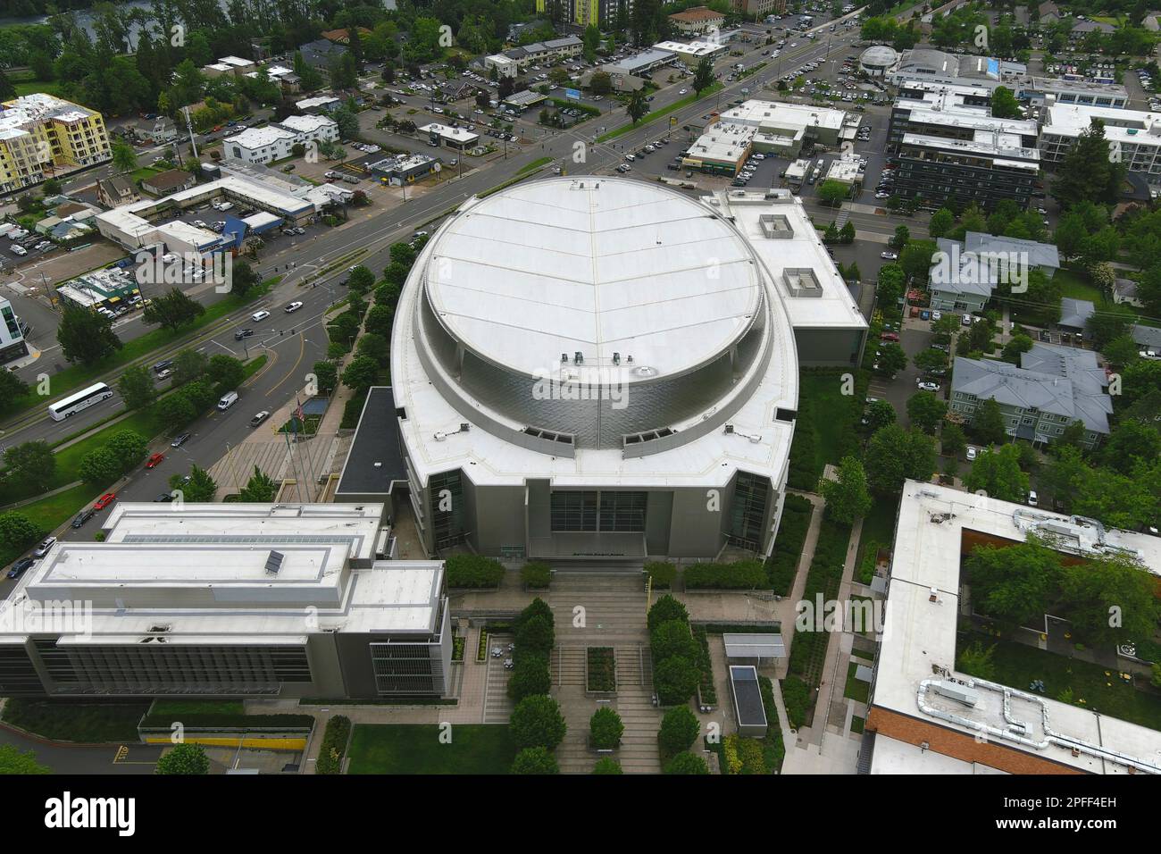 A general overall aerial view of Matthew Knight Arena on the campus of ...