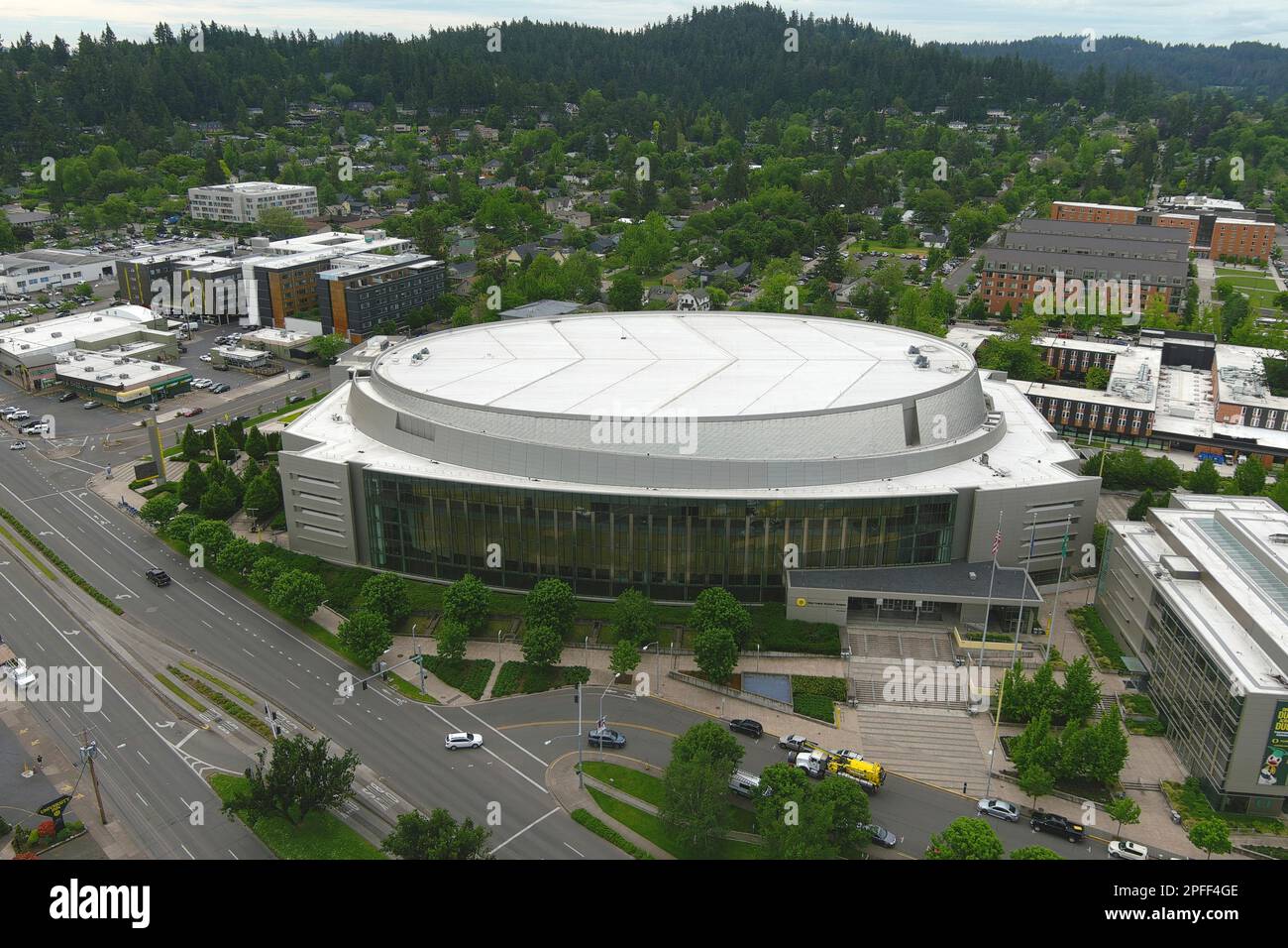 A general overall aerial view of Matthew Knight Arena on the campus of ...