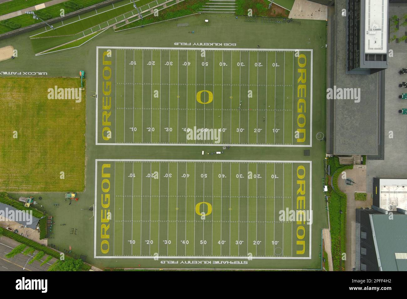 A general overall aerial view of the football practice fields at the ...