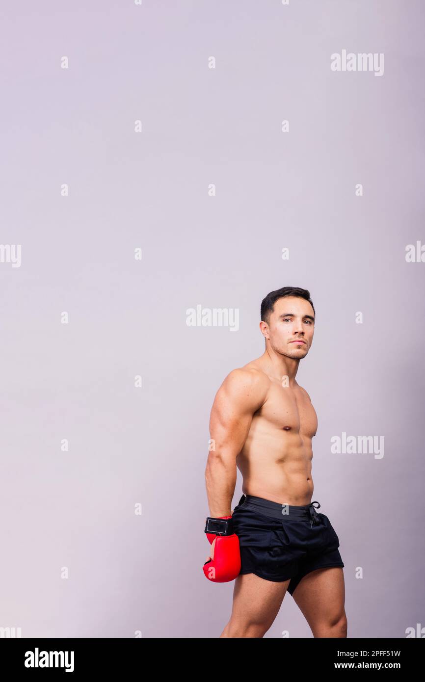 Muscular model sports young man in a boxing gloves on grey background ...