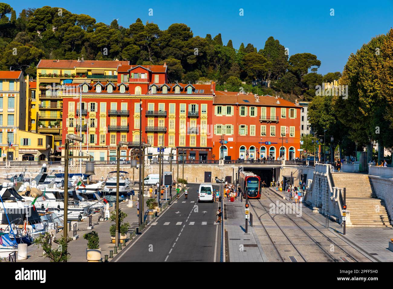 Nice, France - August 5, 2022: Nice port with yachts, boats and pierces ...