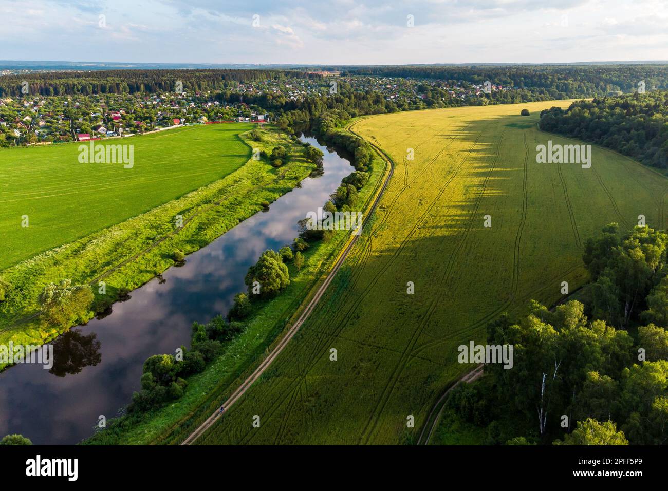 Beautiful landscape in the countryside from the air, farm fields in the ...