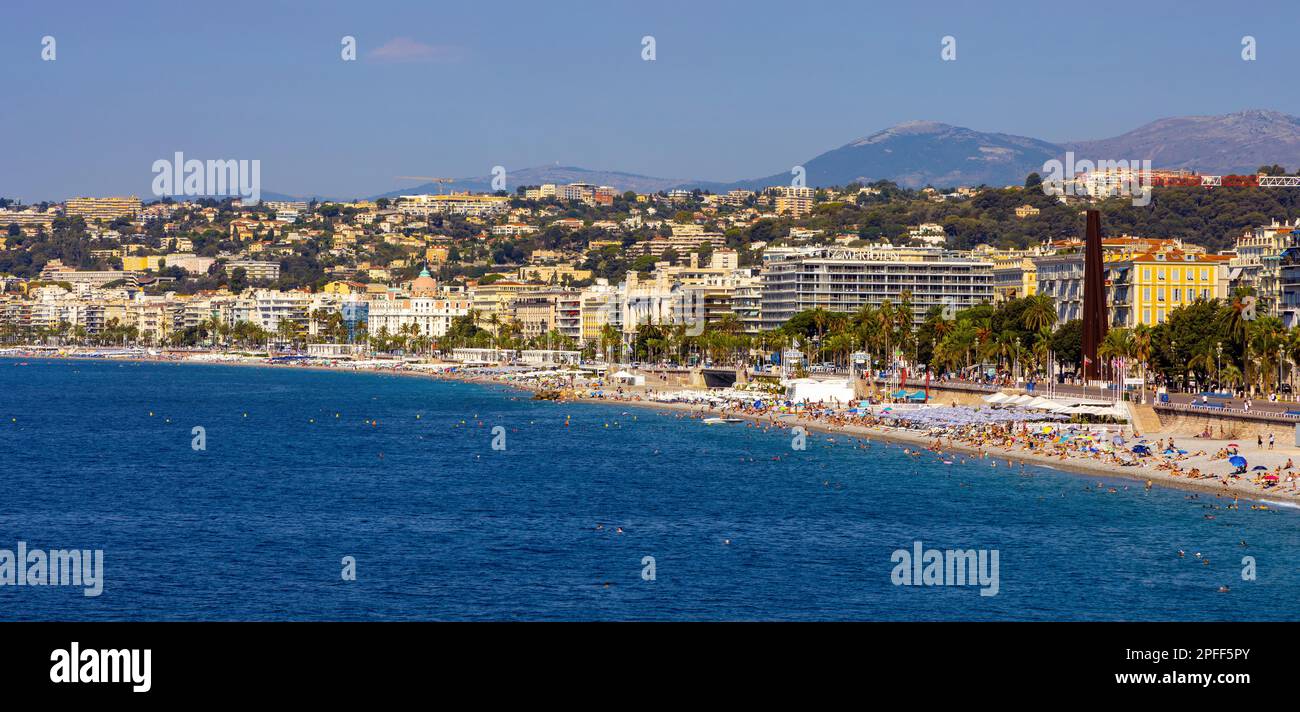 Nice, France - August 5, 2022: Nice shore and beach panorama with Prom ...