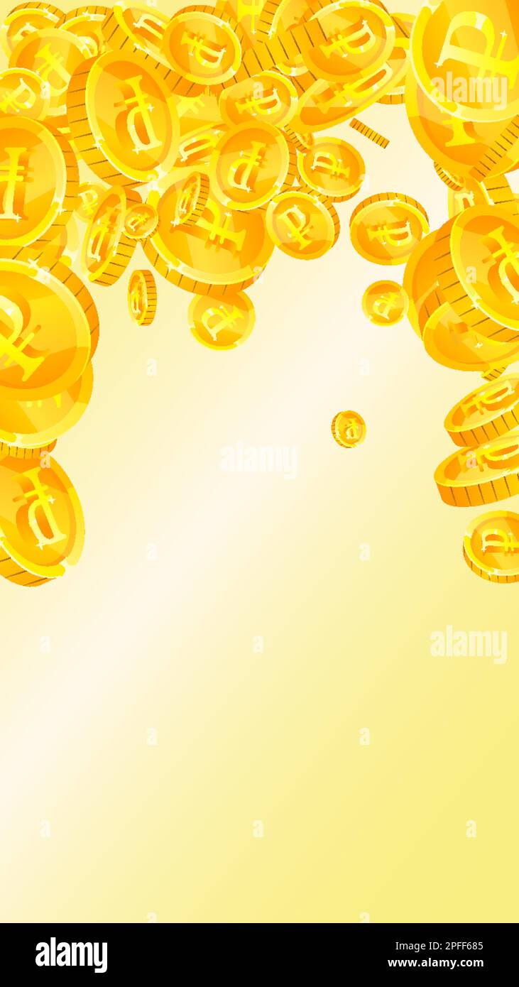 Russian ruble coins falling. Scattered gold RUB coins. Russia money ...