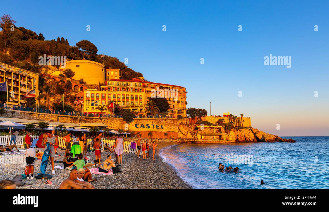 Nice, France - July 29, 2022: Sunset view of Colline du Chateau Castle ...