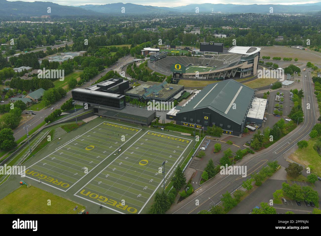 Eugene, United States. 09th June, 2022. A general overall aerial view ...