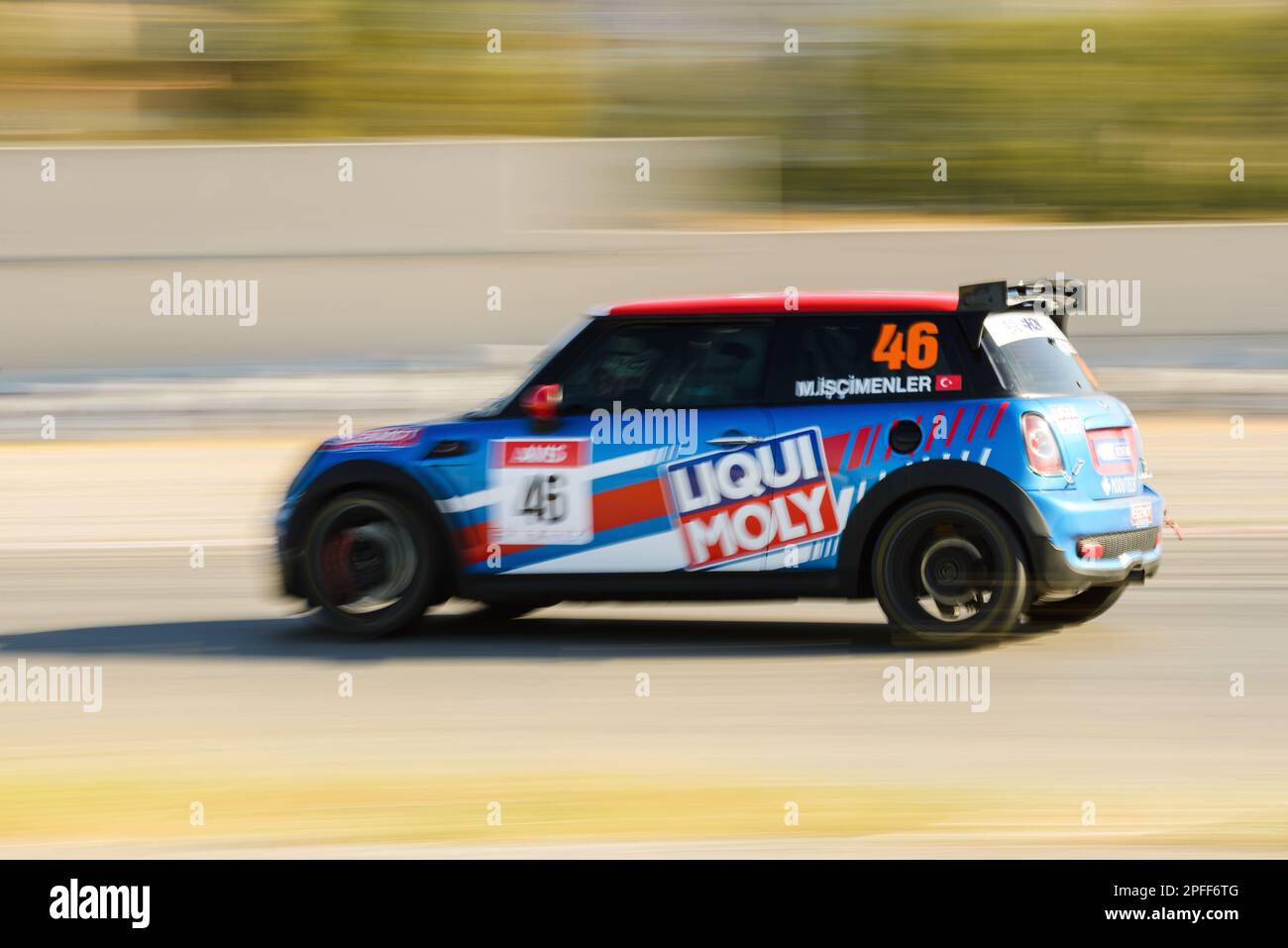 Izmir, Turkey - September 24, 2022: Fast going Blue colored Mini Cooper ...