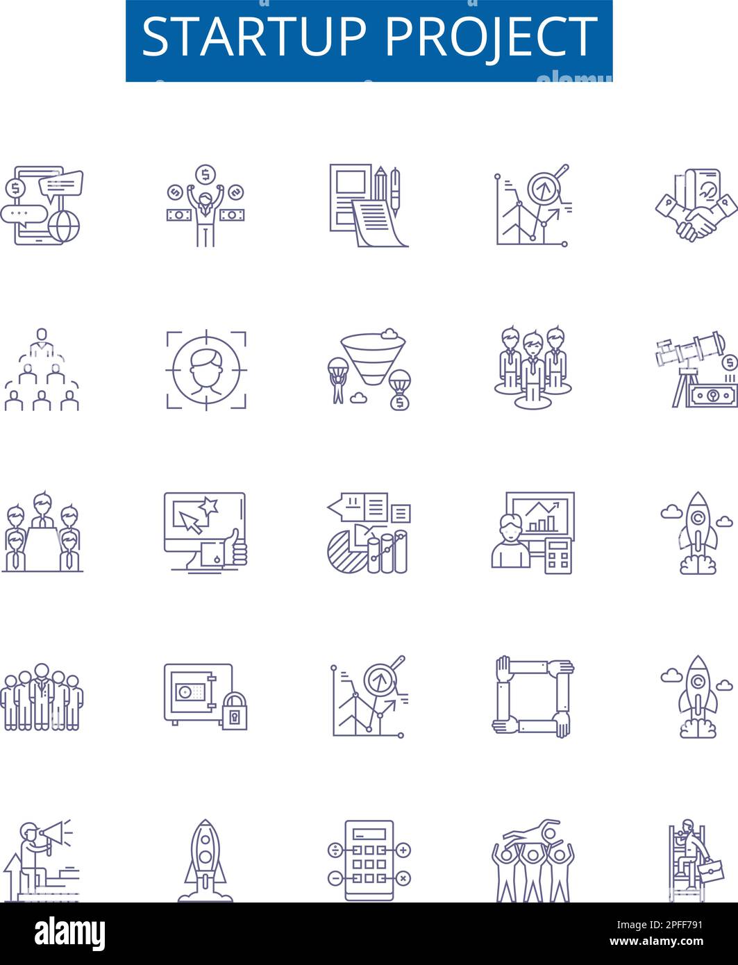 Startup project line icons signs set. Design collection of Startup, Project, Venture, New ...