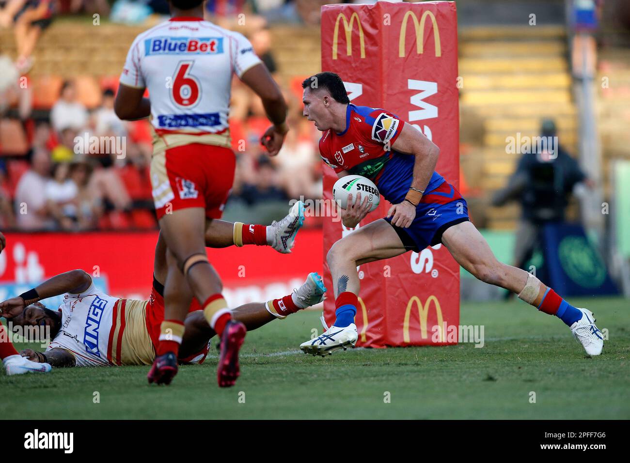 Tyson Gamble of the Knights gathers a Jackson Hastings kick to score a ...