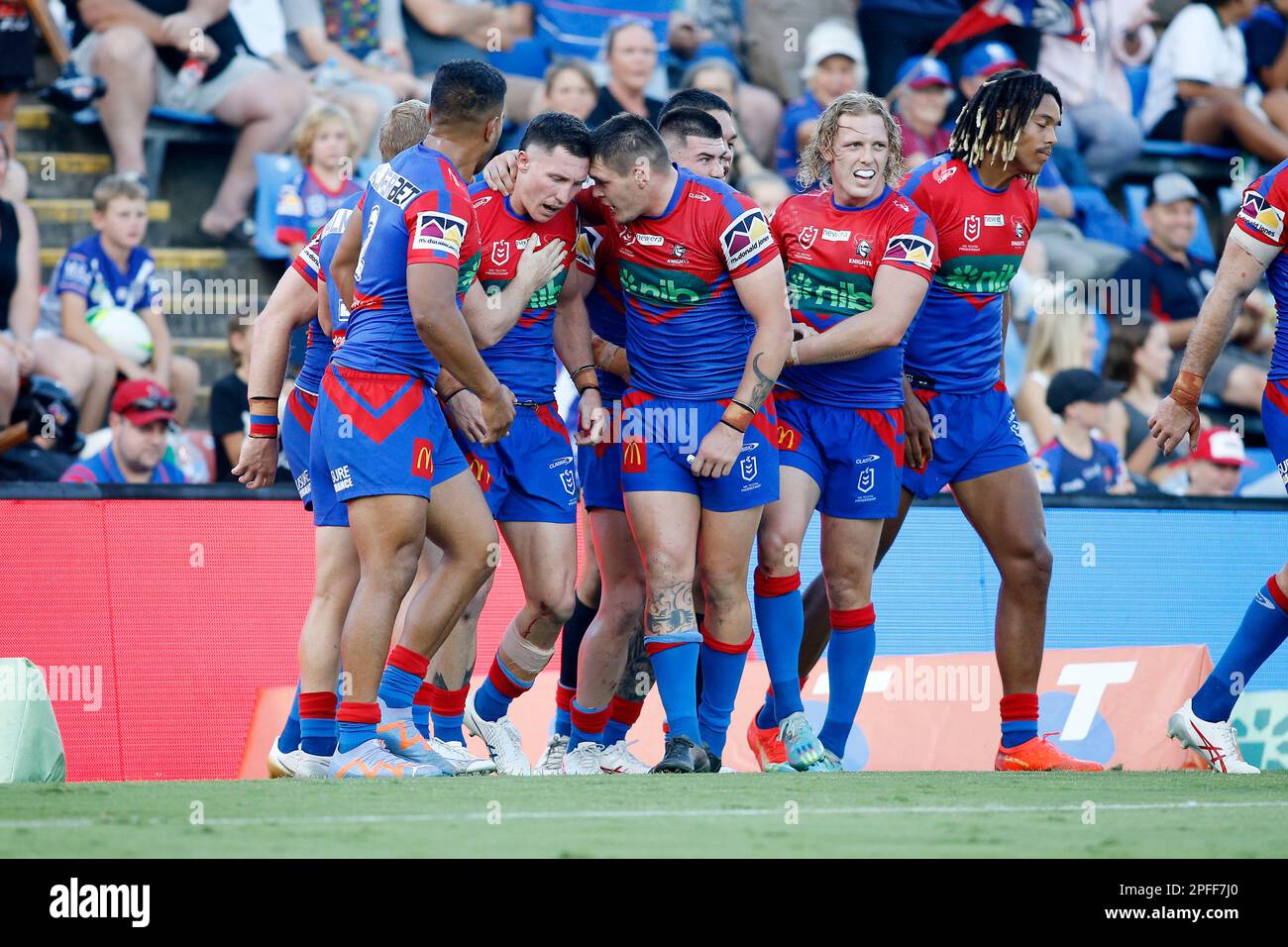 Tyson Gamble of the Knights celebrates scoring a try during the NRL ...