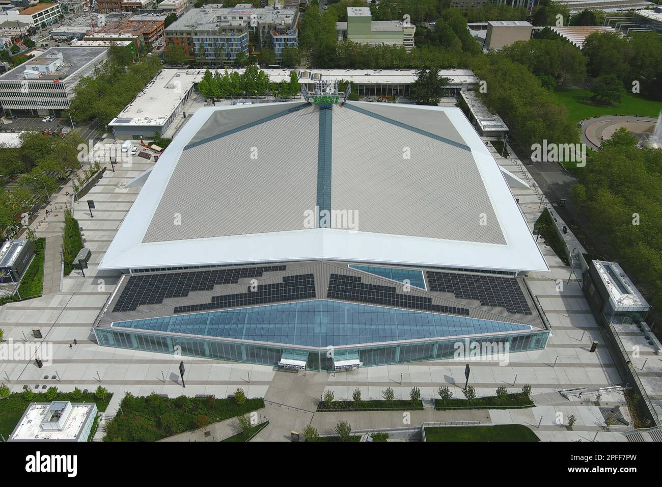 A general overall aerial view of Climate Pledge Arena, Wednesday, June ...