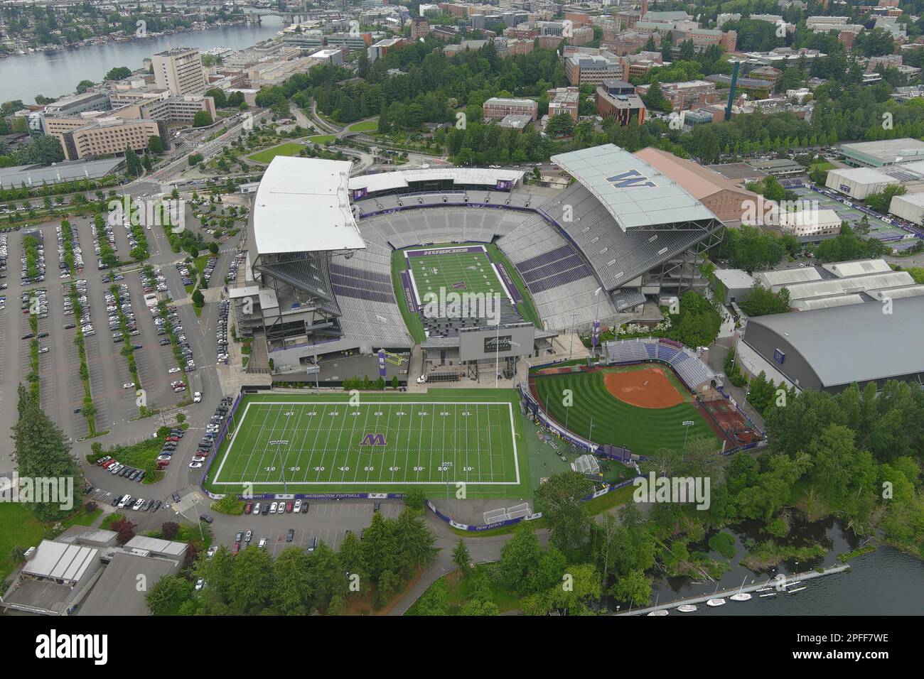 A general overall aerial view of Husky Stadium on the campus of the ...