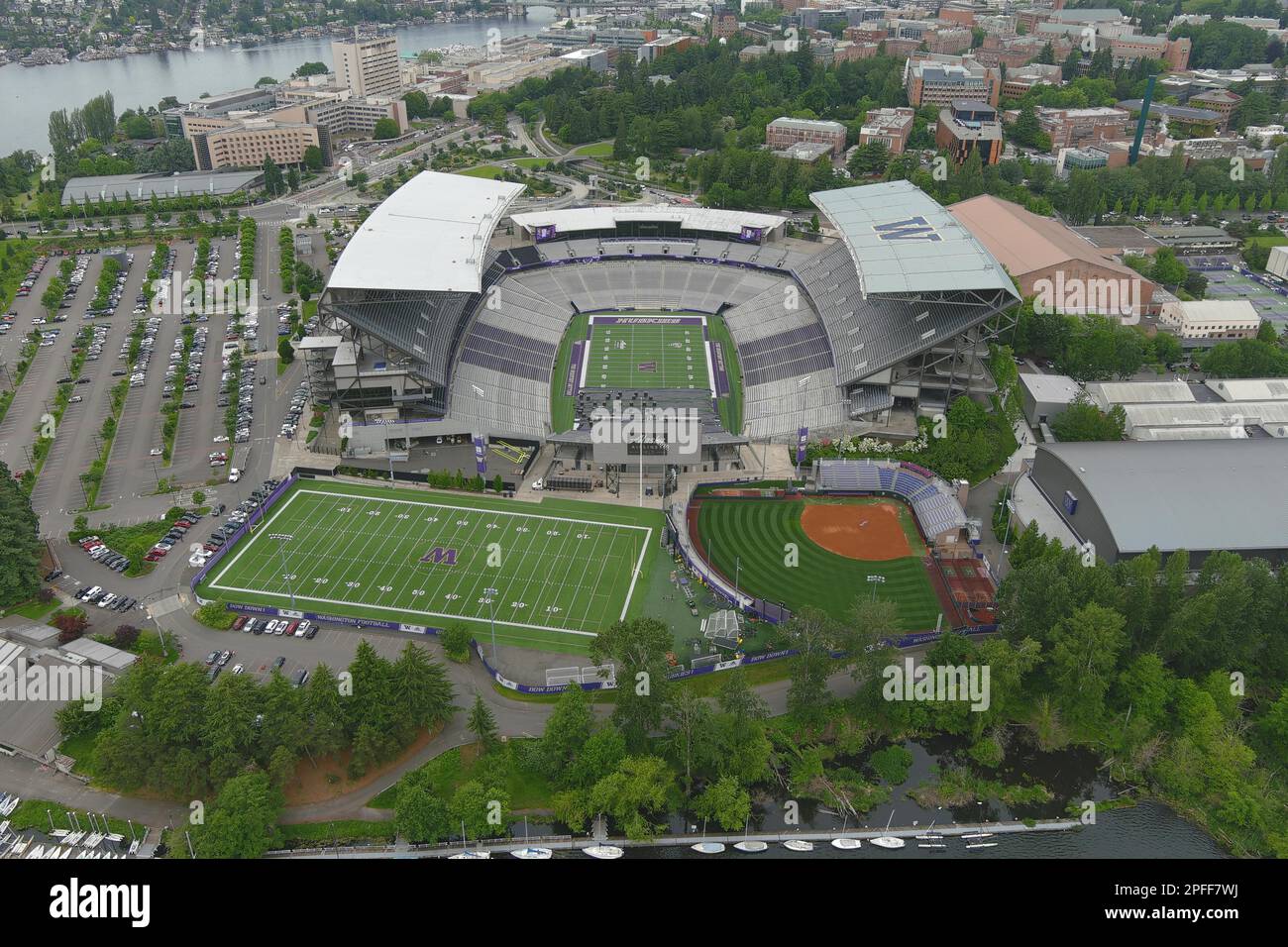 A general overall aerial view of Husky Stadium on the campus of the ...