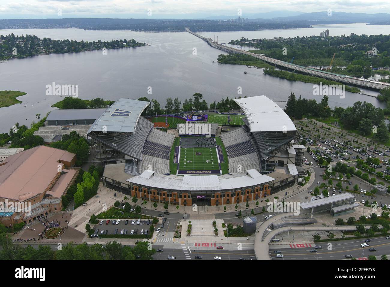A general overall aerial view of Husky Stadium on the campus of the ...