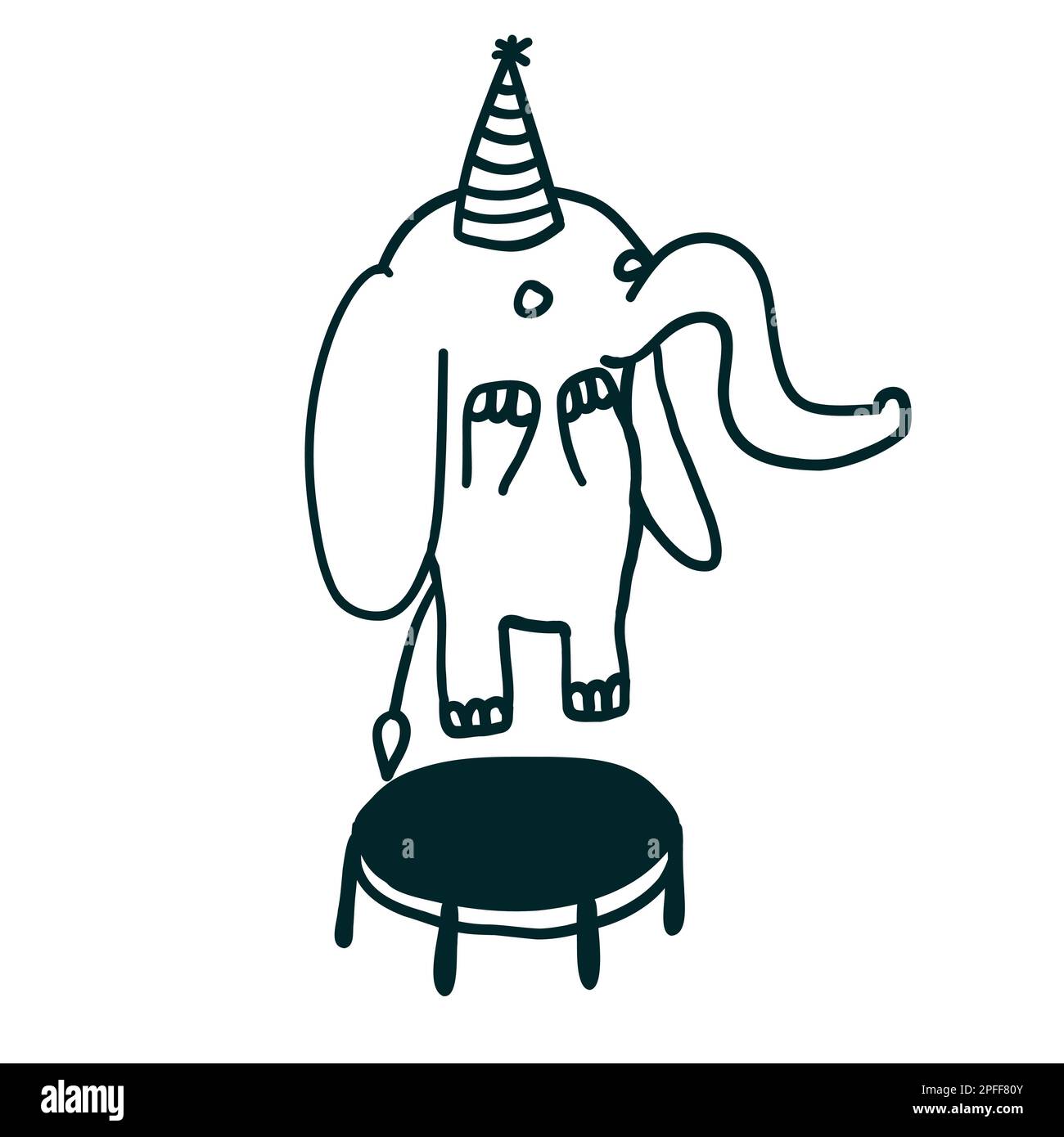 Happy elephant bouncing on trampoline. Vector illustration in outline ...