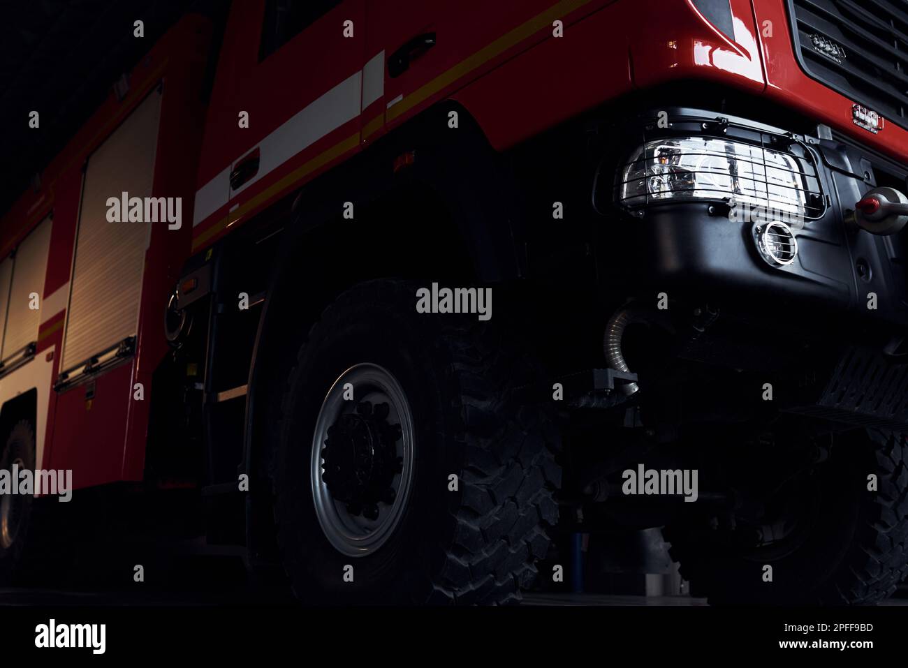 Close up view of red modern fire truck. Front part of vehicle Stock ...