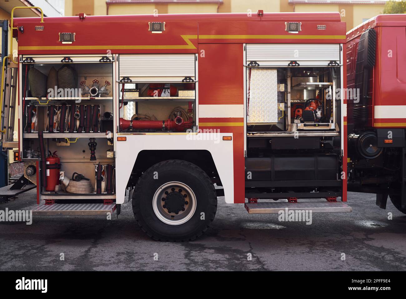 Close up view of firefighter's equipment that is inside of the truck ...