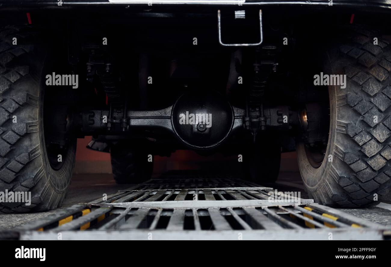 Close up view of fire truck's wheels. Photo from below. Natual lighting ...