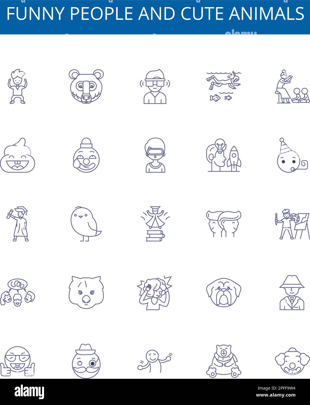 Funny people and cute animals line icons signs set. Design collection ...