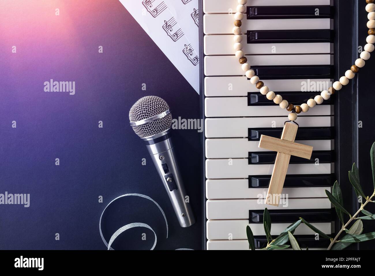 Easter christian religious concert concept with piano and microphone on ...