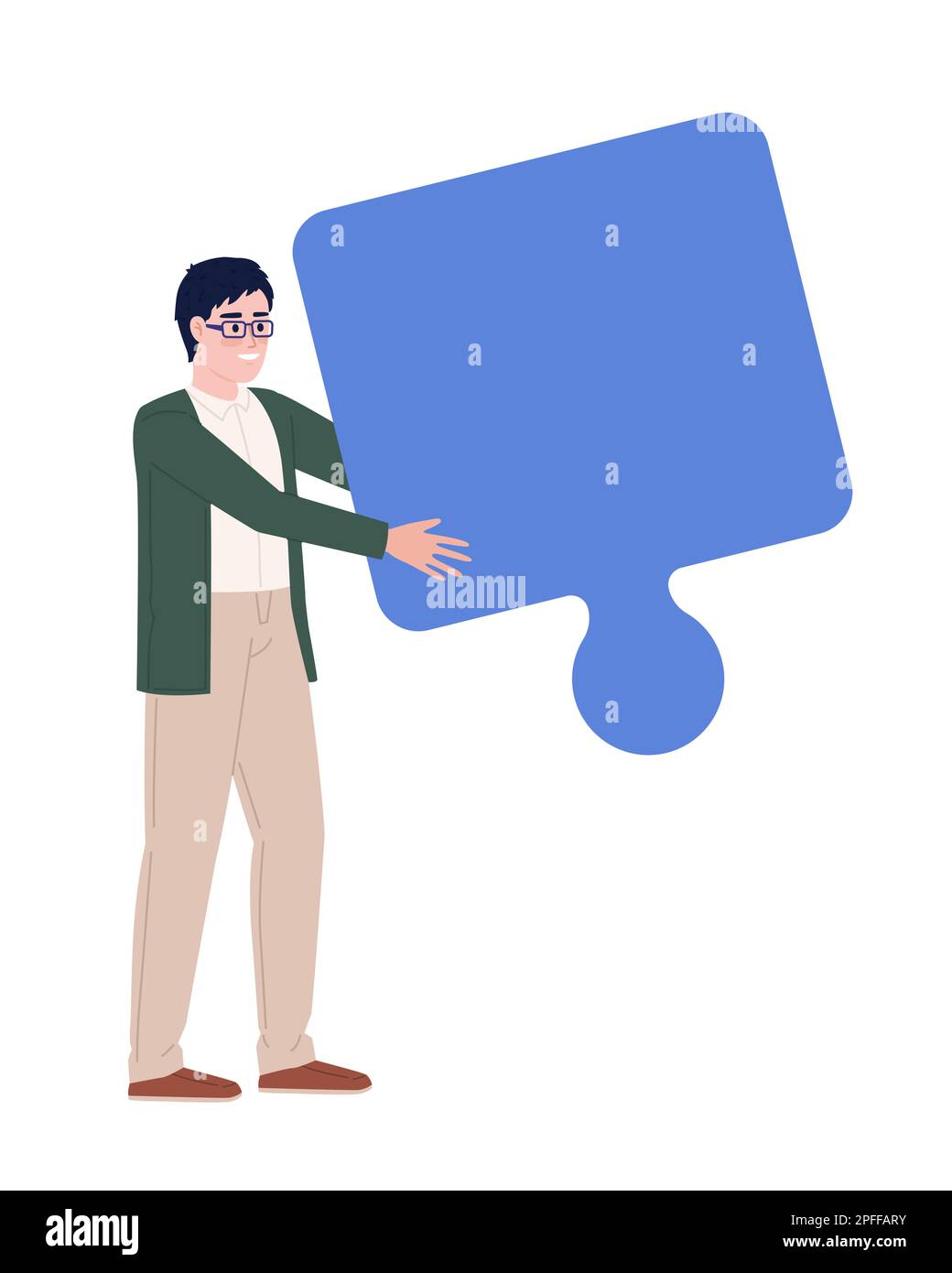 Smiling man with jigsaw puzzle piece flat concept vector spot ...