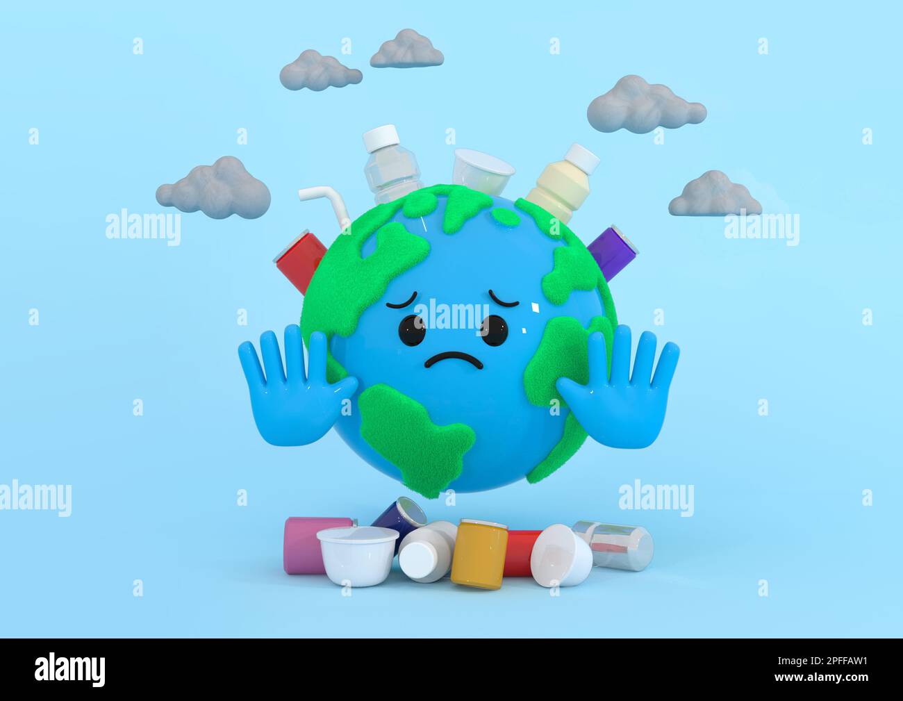 3d graphic rendered Earth character with pollution and waste background ...