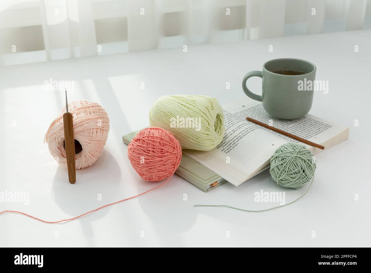 aesthetic photo of handmade, crafting hobbies, knitting thread and book ...