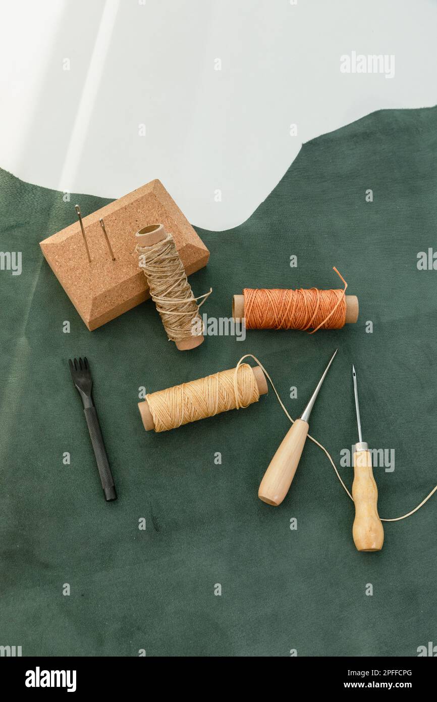 aesthetic photo of handmade, crafting hobbies, leather and wax thread ...