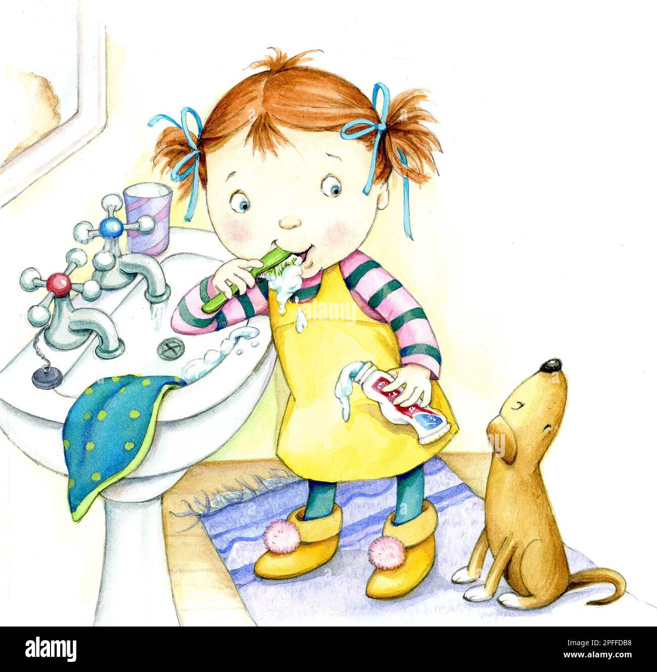 Juvenile-bathroom scene young girl brushing teeth & dog Stock Photo - Alamy