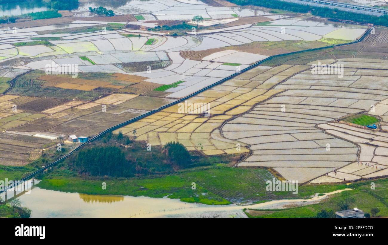 Aerial photo shows the spring scenery in Guancheng Town, Pingnan County ...