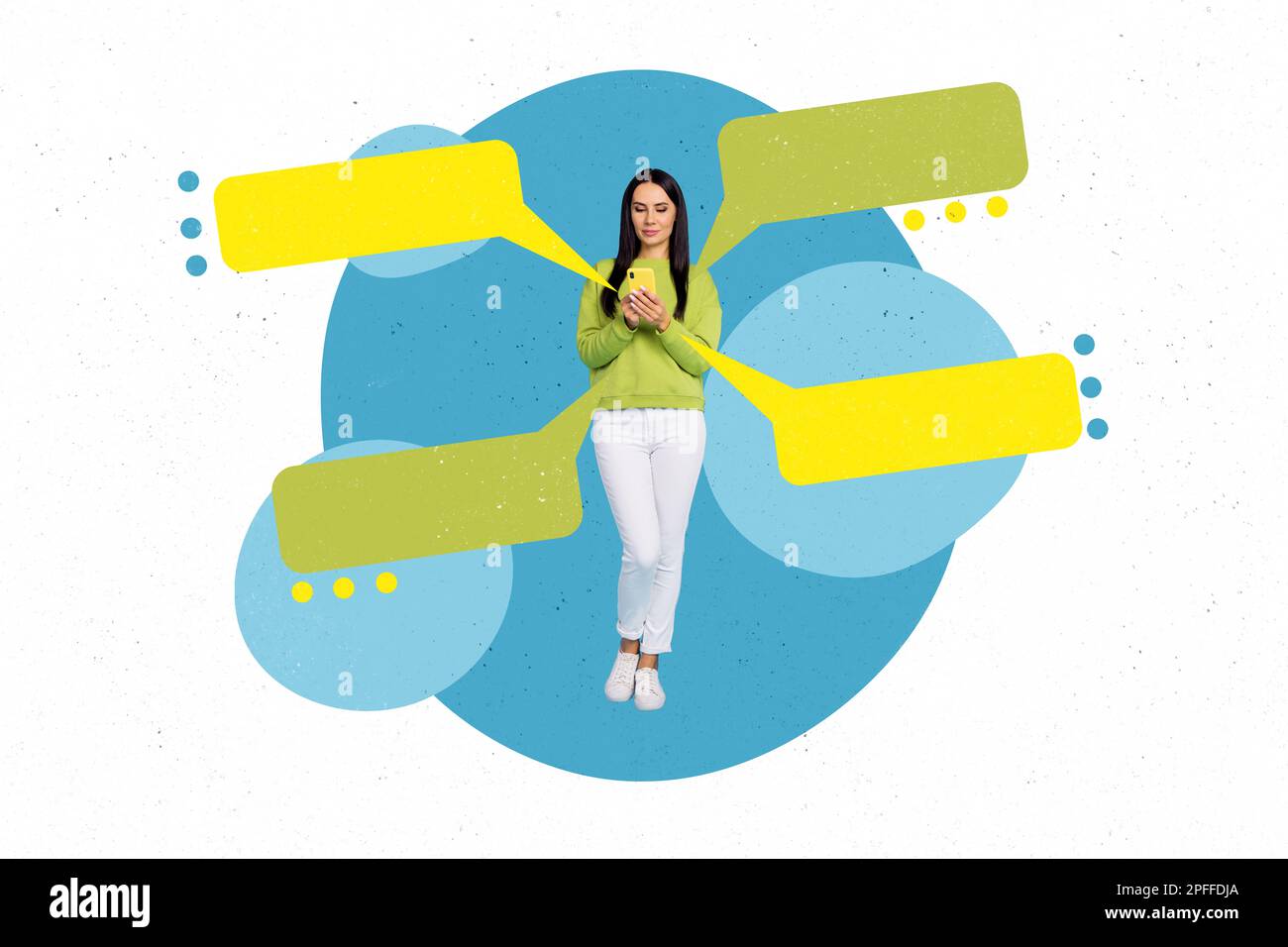 Artwork magazine collage picture of smiling happy lady writing sms ...