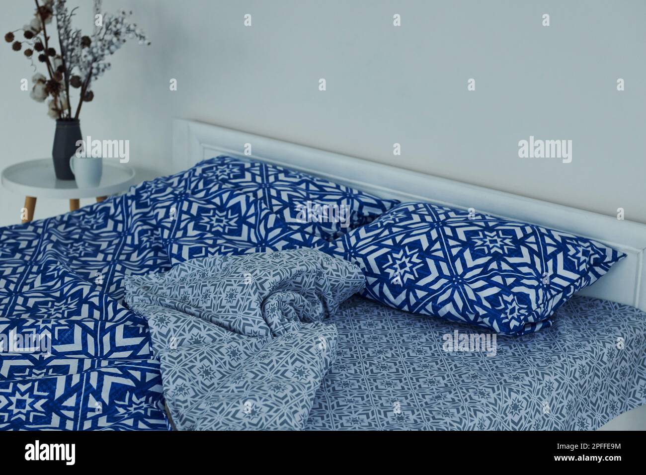 Blue colored bed. Interior and design of beautiful modern bedroom at ...