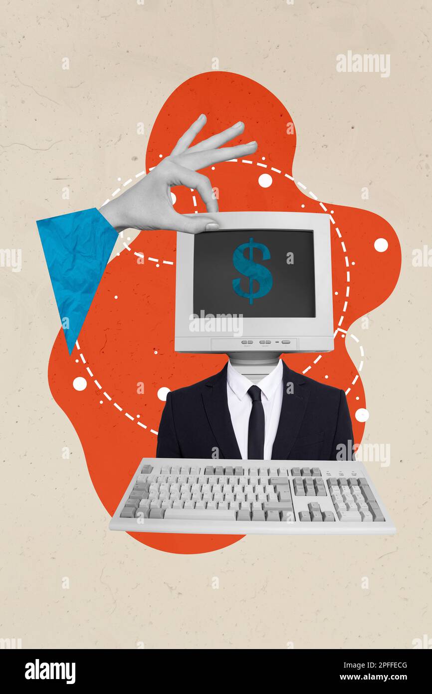 Creative retro 3d magazine collage image of guy obsolete computer ...