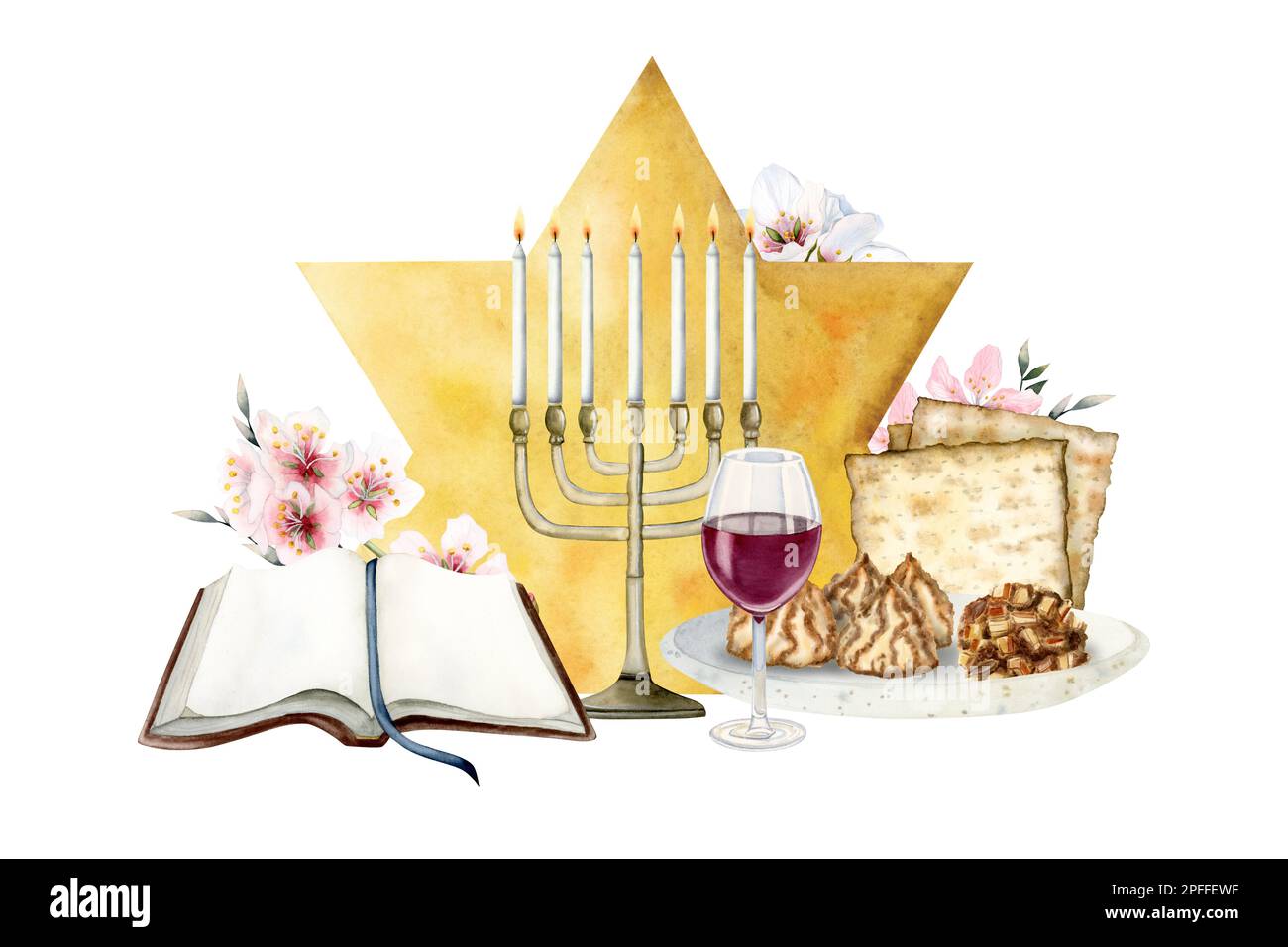 Passover greeting banner with menorah, red wine glass, matzah, Haggadah ...