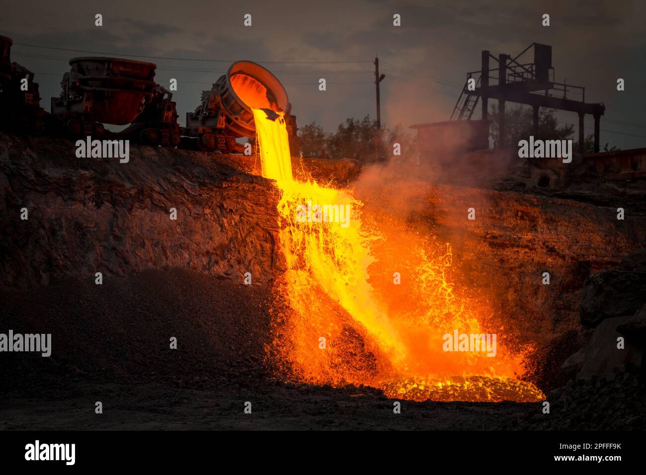 Discharge of metallurgical slag from blast furnaces. Beautiful stream ...