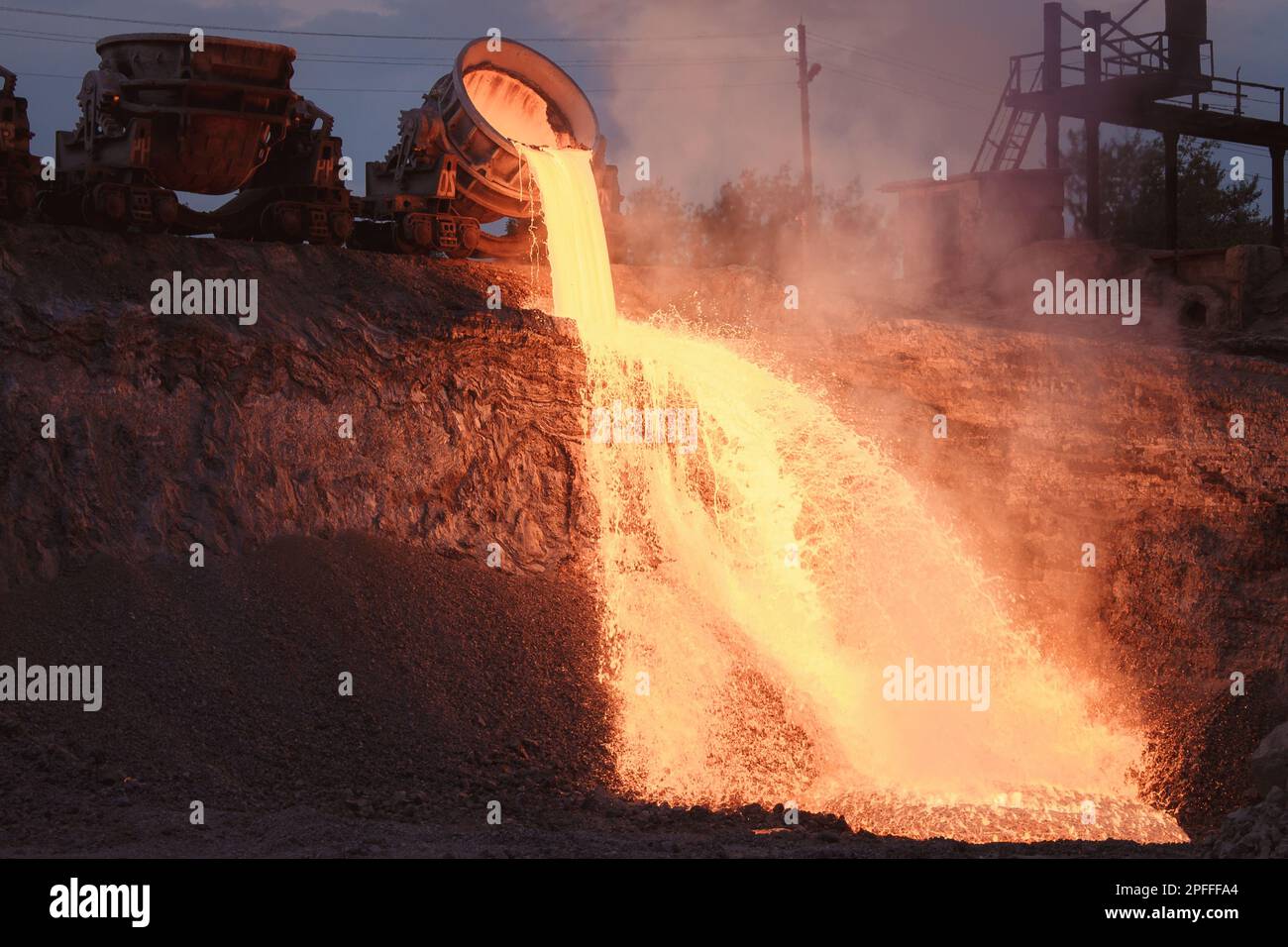 Discharge of metallurgical slag from blast furnaces. Beautiful stream ...