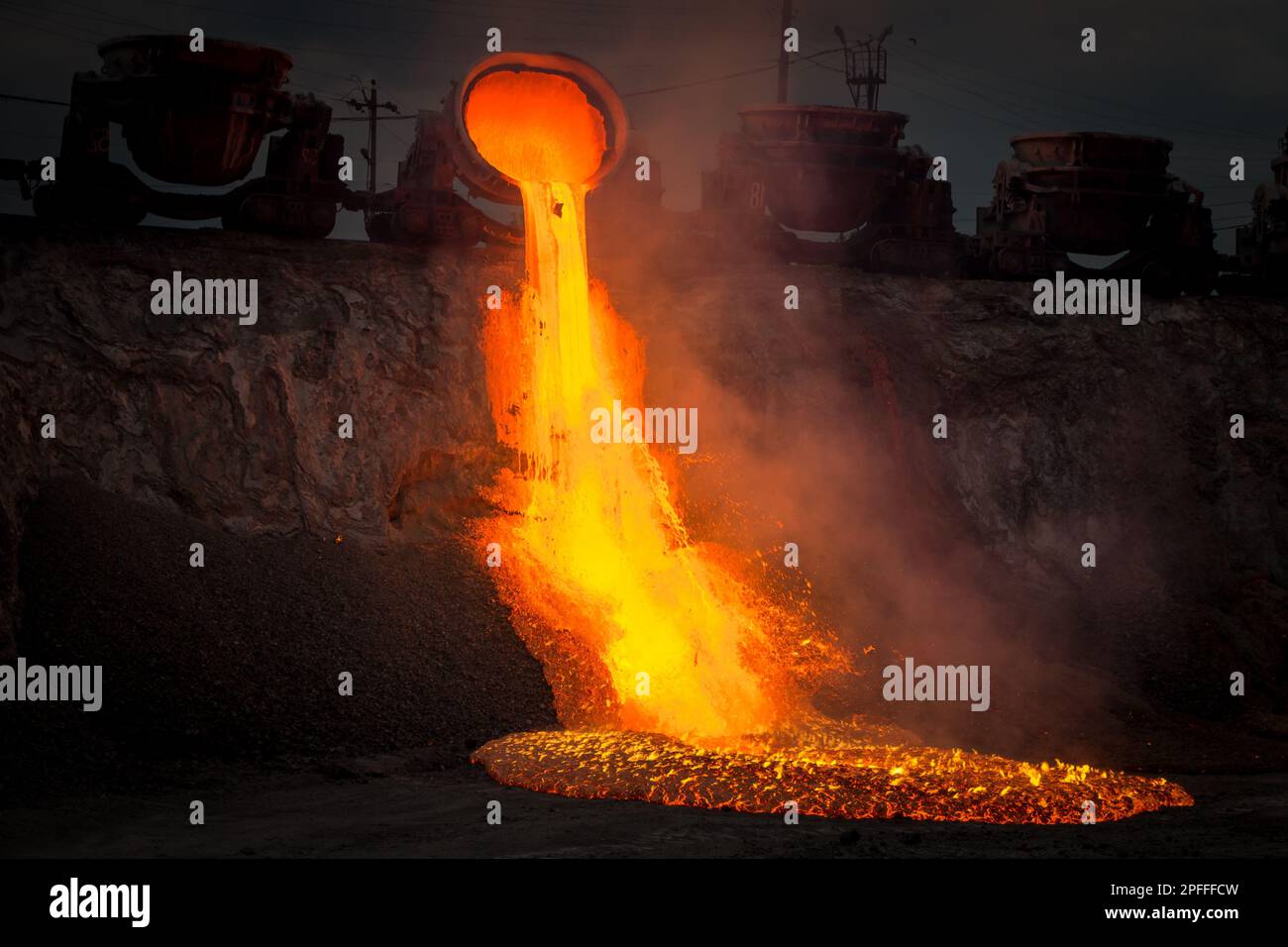 Discharge of metallurgical slag from blast furnaces. Beautiful stream ...