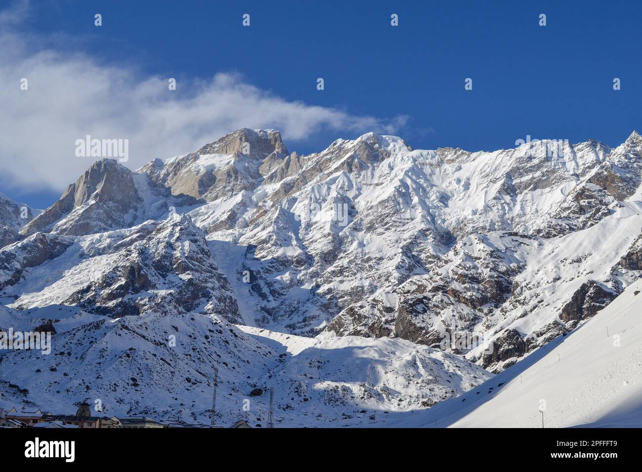Snow-covered mountain peaks in Himalaya India. The Great Himalayas or ...