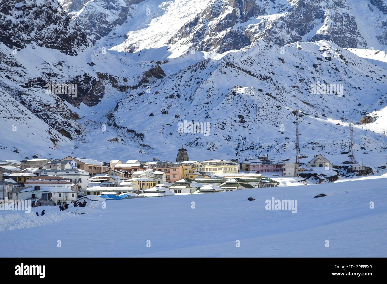 Snow-covered Kedarnath temple, Kedarnath Dham in India. Kedarnath is a ...