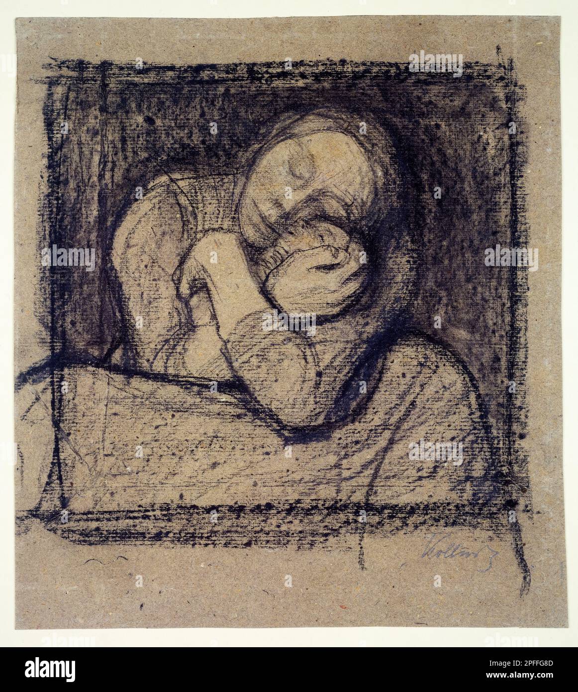 Käthe Kollwitz, Crouching mother hugging her child, drawing in chalk ...