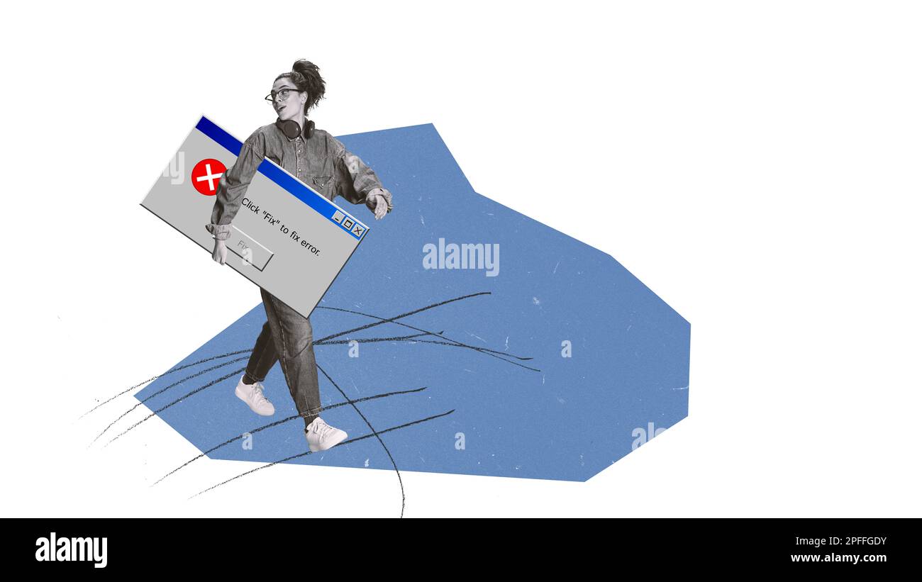 Contemporary art collage. Creative design. Young girl carrying digital ...