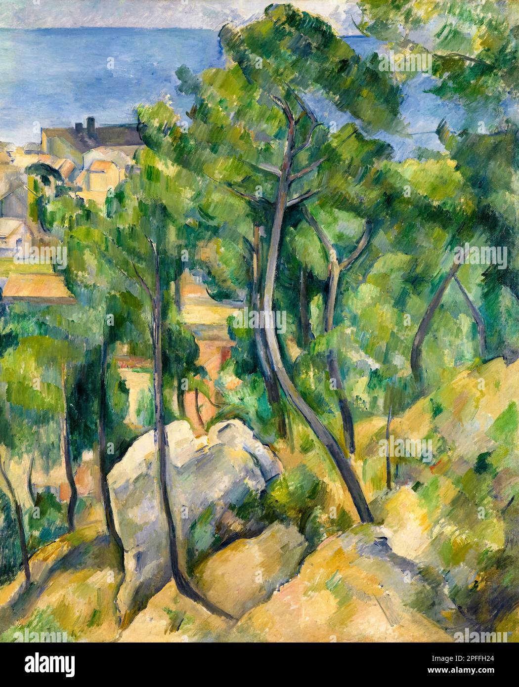 Paul Cezanne, View of the sea at L'Estaque, landscape painting in oil on canvas, 1883-1885 Stock ...