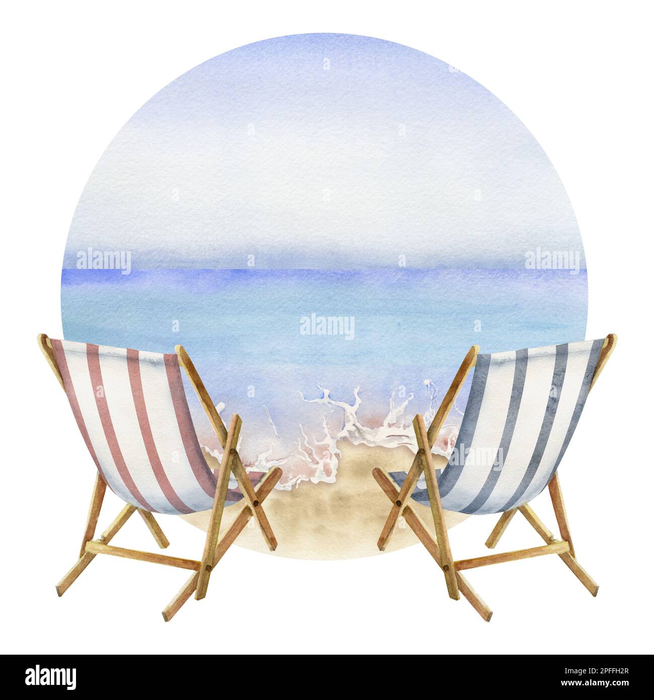 Hand Drawn Watercolor Composition Seascape With Striped Beach Chairs