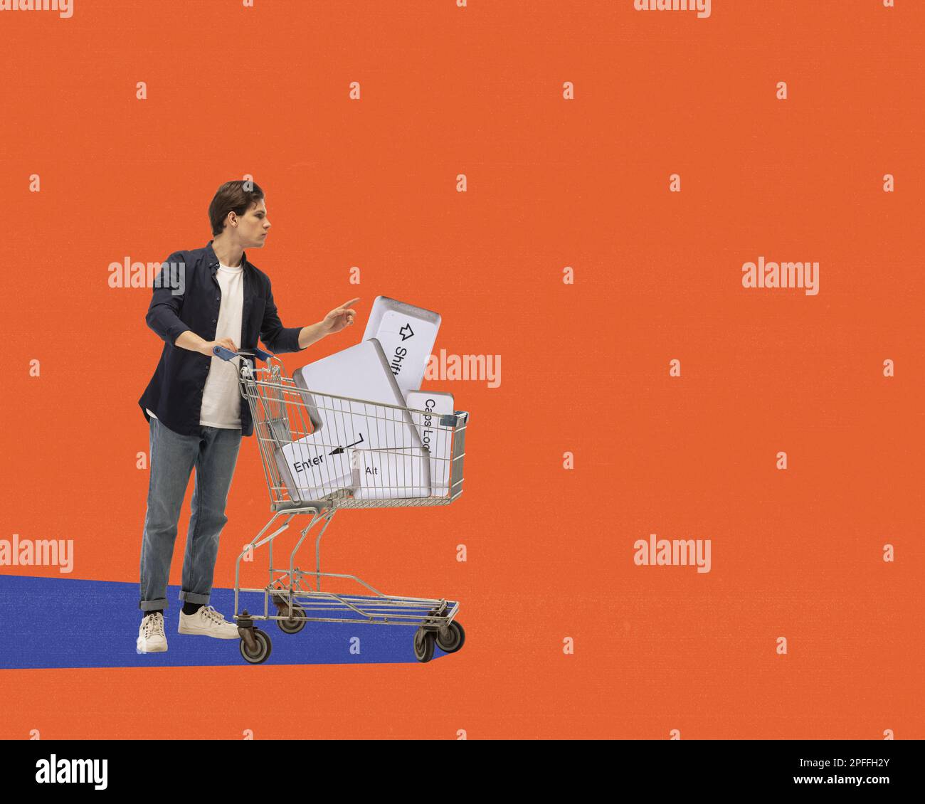 Contemporary art collage. Creative design. Young man n formal wear with ...