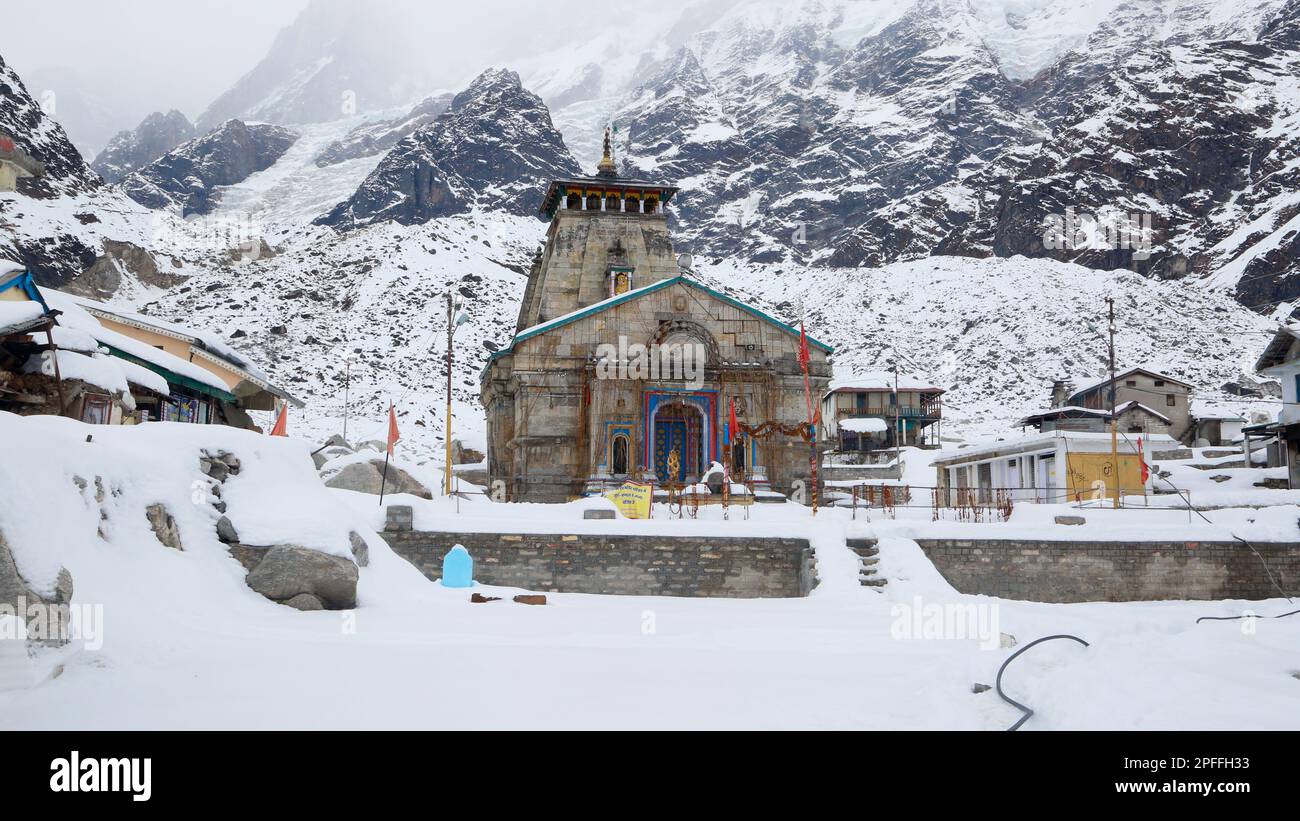 Kedarnath temple during winter and snow fall in Uttarakhand. Kedarnath ...