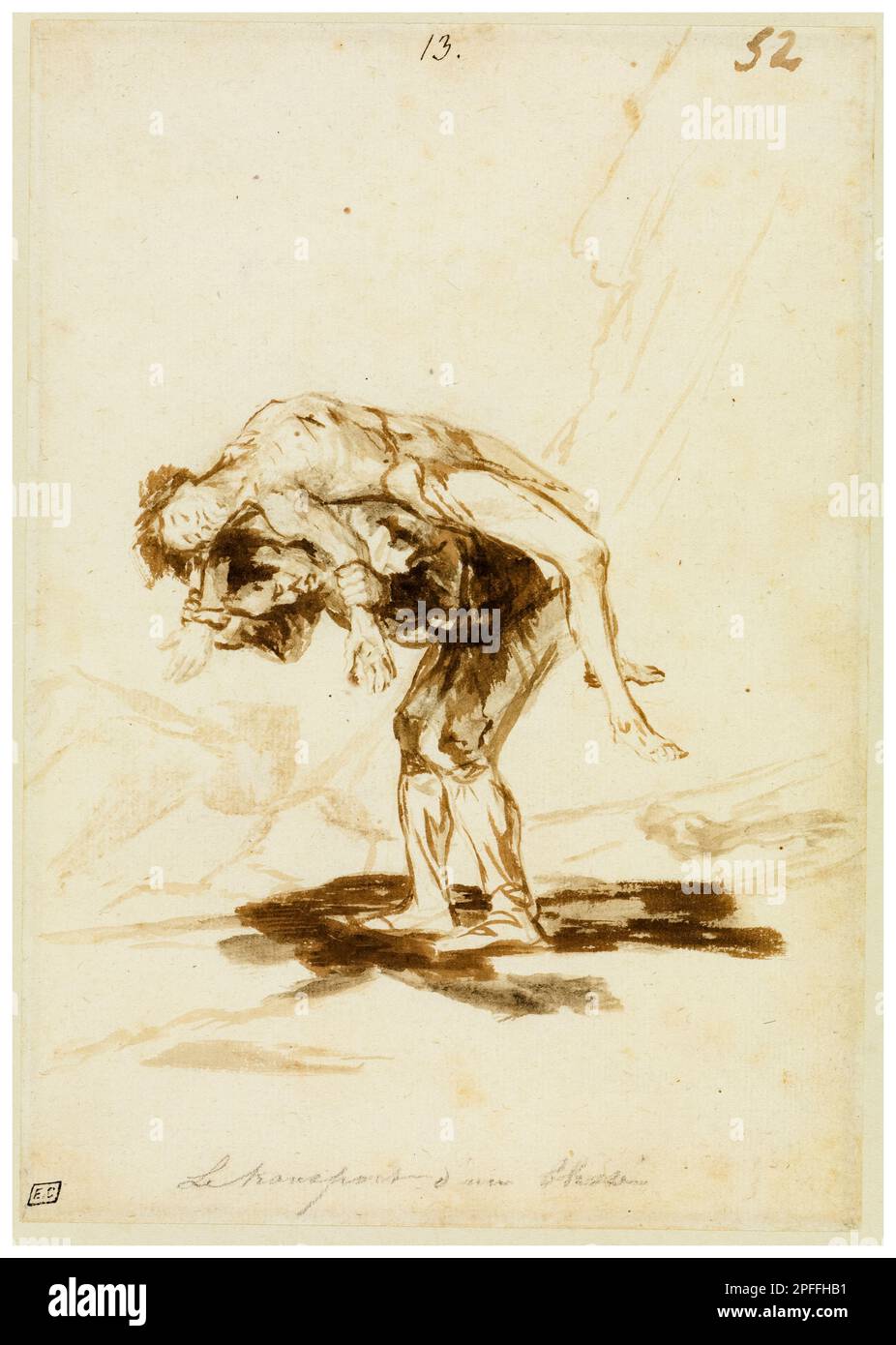 Francisco Goya, A man carries a dead man, drawing in brown brush, 1815 ...