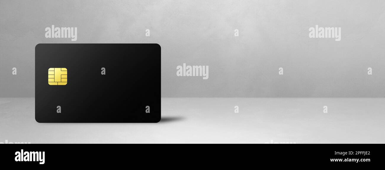 Black credit card template on a white concrete background. 3D ...