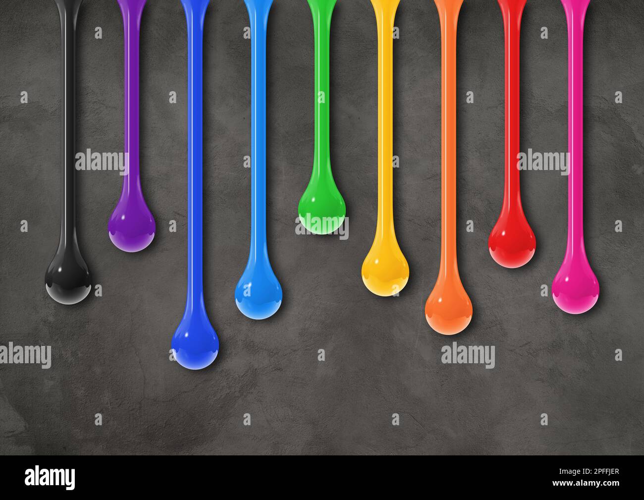 Colorful ink drops isolated on dark concrete wall. Horizontal wallpaper ...